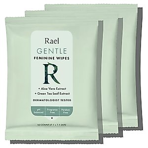 Rael Feminine Wipes, Flushable Wipes pH Balanced - Travel Size, All Skin Types, Paraben Free, Daily Use (10 Count, Pack of 3)