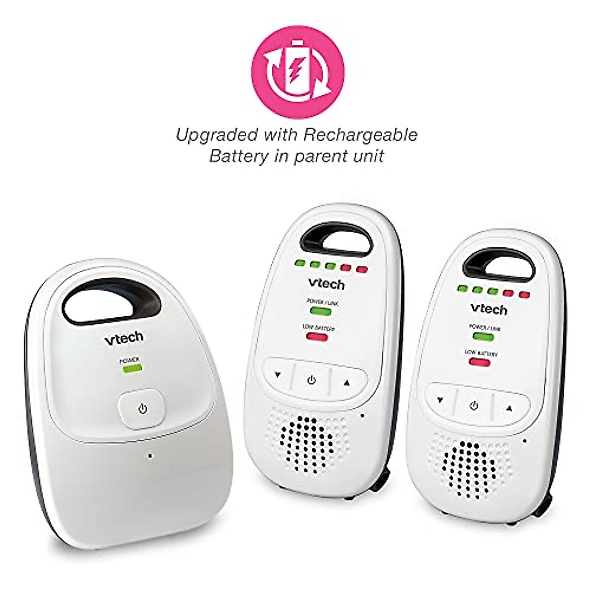 VTech DM112-2 Upgraded Audio Baby Monitor. 2 Parent Units with Rechargeable Battery, Best-in-Class Long Range, Digital Wireless Transmission, Crystal-Clear Sound, Plug & Play, Sound Indicator & Alerts