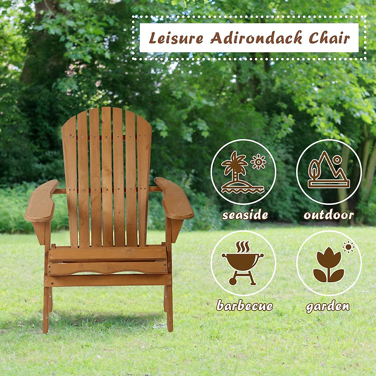 Adirondack Chair Outdoor Chairs Patio Chairs Lawn Chair Folding Adirondack Chair Patio Seating Fire Pit Chairs Wood Chairs for Adults Yard Garden w/Natural Finish