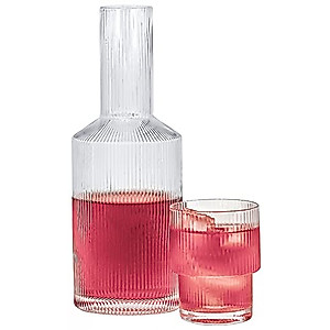 Red Co. Textured Round Clear Glass Bedside Water Serving Carafe with Tumbler – 2-Piece Beverage Set