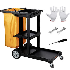 VEVOR Cleaning Cart, 3-Shelf Commercial Janitorial Cart, 200 lbs Capacity Plastic Housekeeping Cart, with 25 Gallon PVC Bag, 47" x 20" x 38.6", Yellow+Black