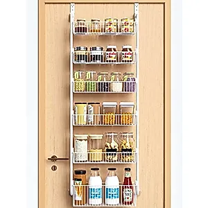 Over the Door Pantry Organizer, W17.5inch Wider Metal Over the Door Organizer, 6-Tier Pantry Door Organizer Spice Rack for Easy Install, 60 LBS Load Over the Door Storage, L17.5W6.7H53.7inch, White