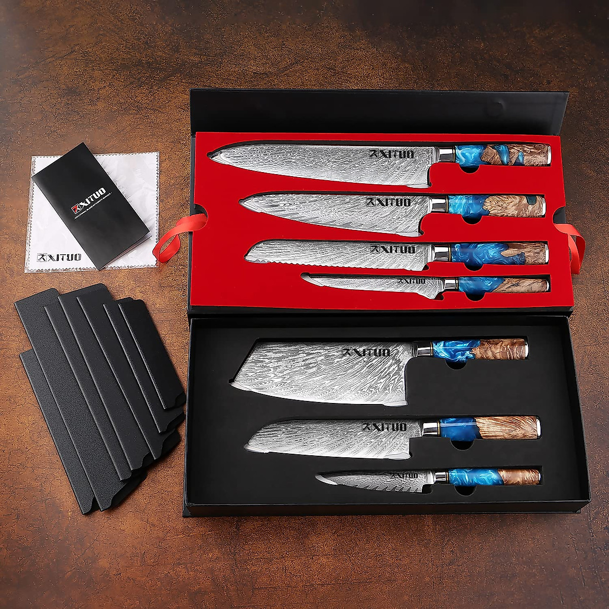 XT XITUO Kitchen Chef Knife Set 7 Piece, Chef Knife, 8'' Bread Knife, 7''Santoku knife Damascus Steel-VG10 Blue Resin Wood Handle -Gift Box - w/knife Sheath (7PC Chef Knife Set)
