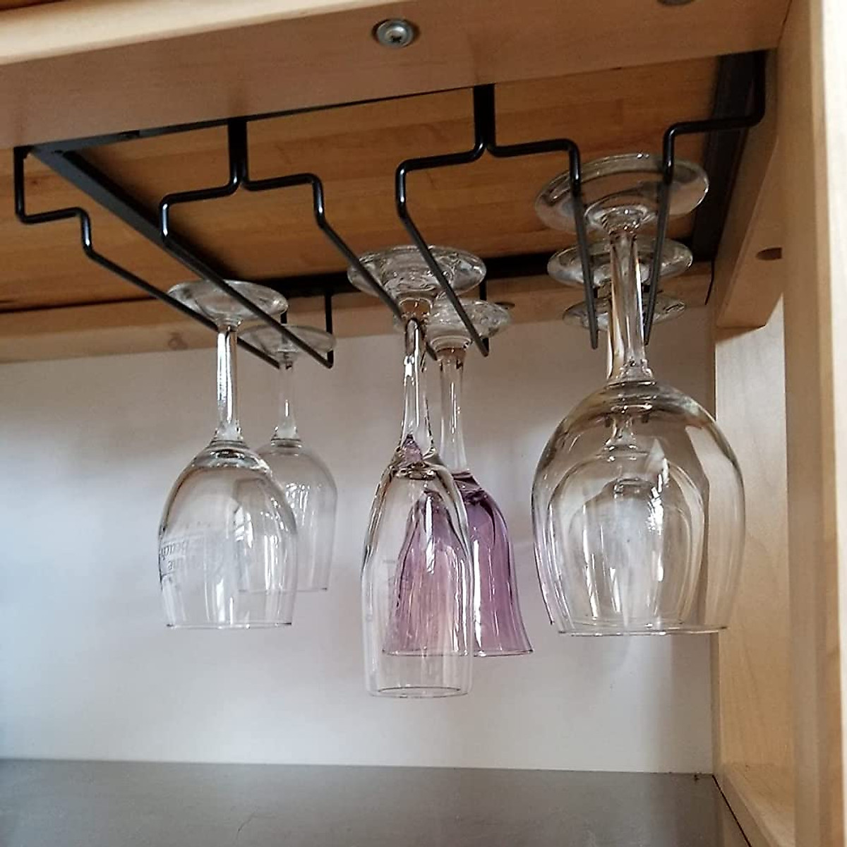 3 Rows Wine Glass Rack Under Cabinet Black Stemware Holder Storage Hanger Metal Organizer for Bar Kitchen Shelf