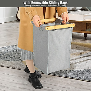 ALAPUR 2 Sections Bamboo Laundry Hamper with Sliding Removable Bags, Wooden Freestanding Laundry Basket with Shelf, Laundry Sorter for Bathroom Living Room Bedroom Laundry Room, Gery