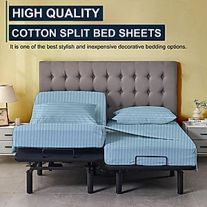 5 Piece Split California King Sheets Sets for Adjustable beds- 400 TC 100% Cotton(Light Blue Stripe)