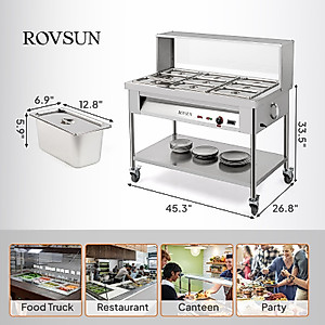 ROVSUN Electric Commercial Food Warmer 72QT 1500W, 9-Pan Steam Table 8QT/Pan Stainless Steel Bain Marie w/Acrylic Shield Overshelf Undershelf Temperature Control & Lid for Buffet Restaurant 110V
