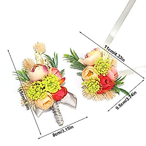 Yedadone Corsage and Boutonniere Set Handmade Artificial Wrist Corsage Peony Rose Wristlet and Groom Boutonniere for Wedding Flowers Accessories Prom Suit Decorations (Orange)
