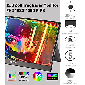 ADPOP Portable Monitor, 15.6'' IPS FHD 1080P with USB-C & HDMI for Gaming Office and Travel,Ultra-Slim HDR Display, Premium Smart Cover & Speakers,for Laptop/PC/Mac/Phone/Xbox/PS5/PS4/Switch