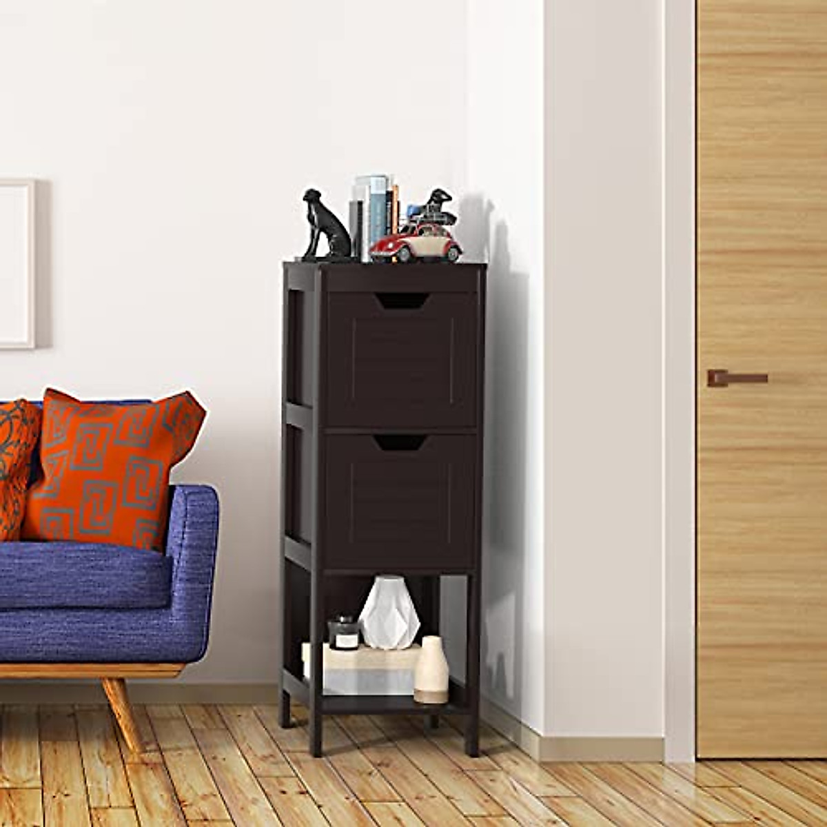 Tangkula Bathroom Floor Cabinet, Narrow Wood Storage Cabinet w/2 Switchable Drawers, Multifunctional Side Cabinet for Bathroom, Freestanding Small Cabinet for Small Spaces, 12 x 12 35 Inch (Espresso)