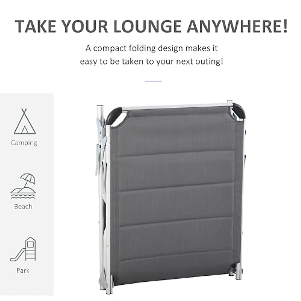 Outsunny Foldable Outdoor Chaise Lounge Chair, 5-Level Reclining Camping Tanning Chair with Aluminum Frame, Padding, and Headrest for Beach, Yard, Patio, Pool, Gray