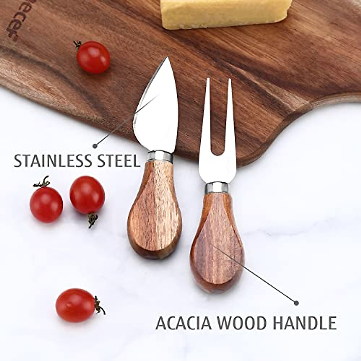 hecef Cheese Board set of 3,a Acacia Wood Cheese Plate & a Cheese Knife & a Cheese Fork, Cheese Platter Slate Board Cheese Serving Board, Mothers Day Gift, Housewarming(Cheese board with 2 knives)