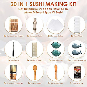 Delamu Sushi Making Kit, 20 in 1 Sushi Bazooka Roller Kit with Chef’s Knife, Bamboo Mats, Bazooka Roller, Rice Mold, Temaki Sushi Mats, Rice Paddle, Rice Spreader, Chopsticks, Sauce Dishes, Guide Book