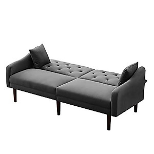 KoiHome Velvet Futon Bed with Adjustable for Backrest, Sleeper Sofa with Two Pillows, Modern Couch with Handrail and Wood Legs, Upholstered Loveseat for Living, Bedroom,Office,Waiting Room, Grey