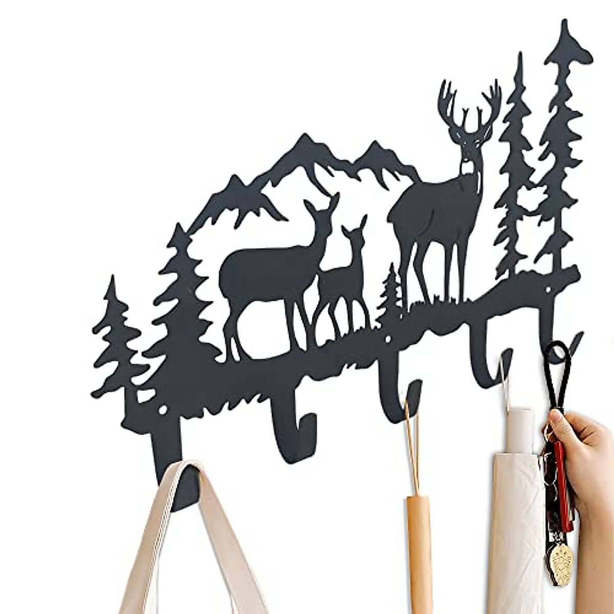VIVICOMFY Metal Deer Coat Hooks Wall Art Decor-Deer Hangers and Key Holder-Clothes Hat Rack and Backpack Hanger-Animal Theme Hooks Sweet Home Decor for Storage, Living Room, Hallway, Office (Black)