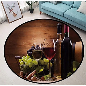 Wine Style Round Area Rug Floor Kitchen Carpet, Glasses of Red and White Wine Served with Grapes French Gourmet Tasting Decorative, Washable Indoor Doormat Pad Home Decor