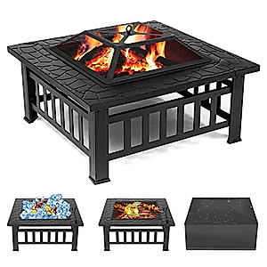 32 Inch Fire Pit Table for Outside Heavy Duty 3 in 1 Metal Square Firepit Table with Spark Screen Cover Log Grate and Poker for Outside Wood Burning and BBQ Drink Cooling