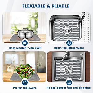 Bestjing Silicone Sink Mat, 2 Pack 13.58''x 11.6'' Sink Protectors for Kitchen Sink with Center Drain, Non-Slip Heat Resistant Sink Mat Grid for Bottom of Stainless Steel Porcelain Sink (Center Hole)