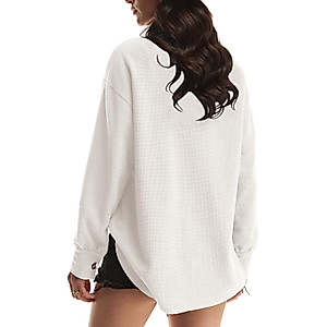 Yanekop Waffle Knit Button Down Shirt Womens Shacket Oversized Long Sleeve Shirt Jacket Trendy Outfits 2025(A White,XL)