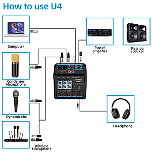 Depusheng U4 Portable Mini Mixer 4 Channel Audio DJ Console with Sound Card, USB, 48V Phantom Power for PC Recording Singing Webcast Party