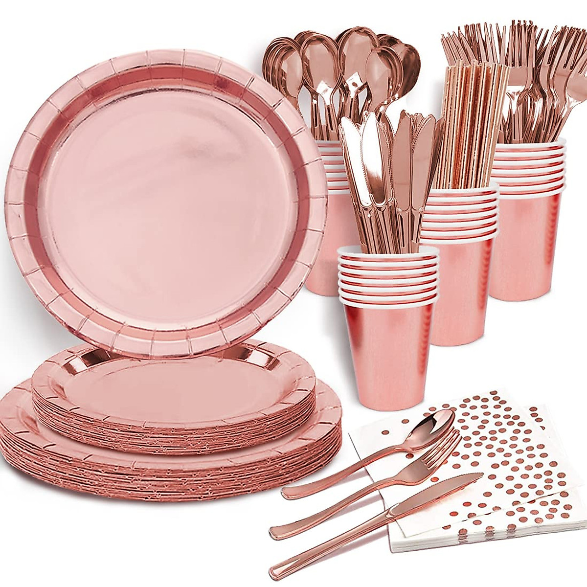 Rose Gold Birthday Party Favors for Women Rose Gold Plates and Napkins Party Supplies,Disposable Paper Plates and Cups Set for First Day of School,Bridal Shower,Baby Showers,Christmas, Serves 20