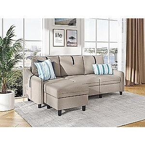 Pingliang Home 80" Sectional Sofas for Living Room, 3 Seat L Shaped Couch with Reversible Ottoman, Modern Linen Fabric Small Sectional Couch for Apartment Small Space, Beige
