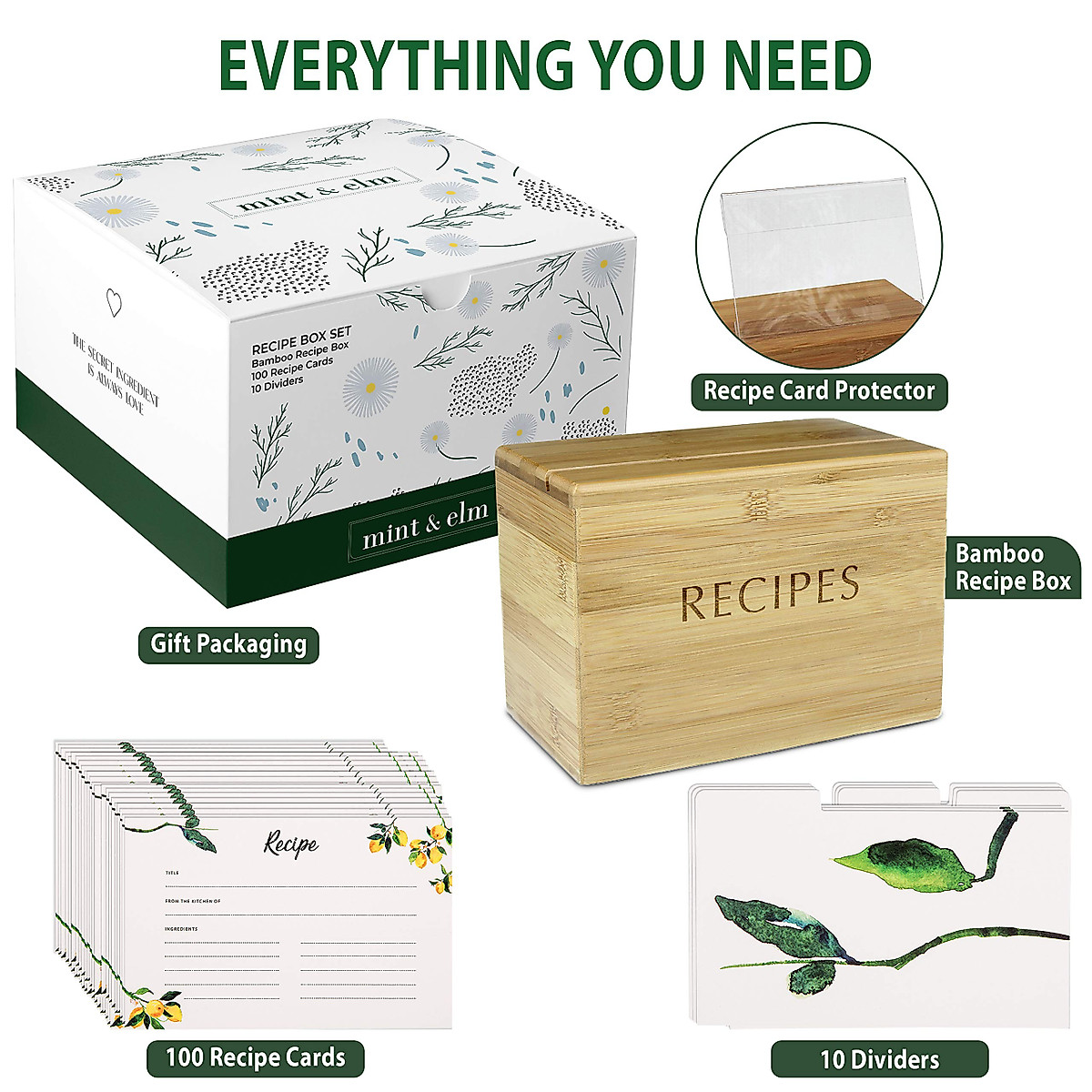 Mint & Elm Recipe Box with 100 Cards and 10 Dividers - Recipe Organizer Includes Plastic Holder for 4x6 Cards (Natural Bamboo)