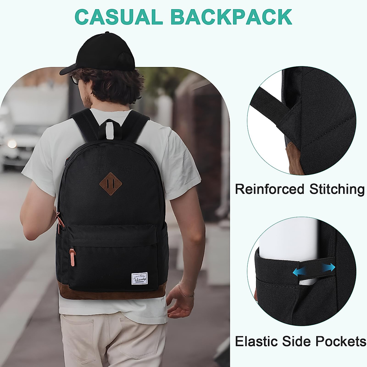 VASCHY Backpack for Men, Unisex Classic Water-resistant College School Backpack Bookbag Laptop Backpack Black