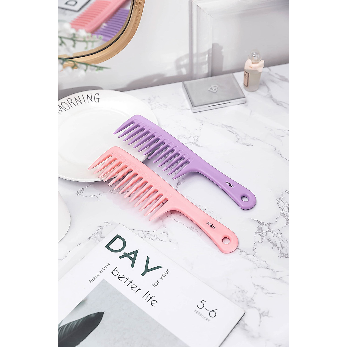 xnicx 3pcs Wide Tooth Comb Set,Detangling Hair Comb for Curly,Wet,Thick Hair,Hair Brush Shower Comb Detangler Hair Wide Comb with Care Handgrip Comb Styling Comb for Women,Men Macaron Purple