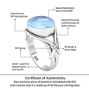 JEWELOPORIUM 925 Silver Ring for Women Size 8 White Real Rainbow Moonstone Stone Solitaire Silver Ring Christmas - Gift Costume Jewelry