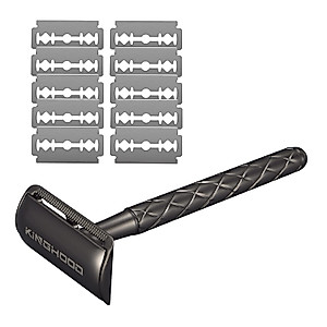 Kinghood Single Blade Safety Razor - Metal One Blade Razor for Men & Women with 10 Stainless Steel Double Edge Blades (Black)