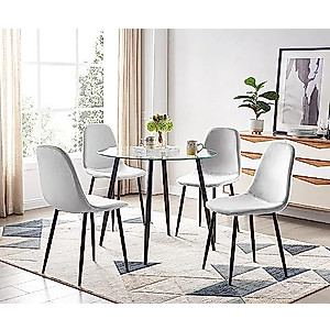 STYLIFING Dining Table Set for 4 Modern 5 Pieces Dining Room Set Mid Century Round Tempered Glass Kitchen Table and 4 Light Grey Modern Velvet Fabric Upholstered Kitchen Chair with Metal Legs