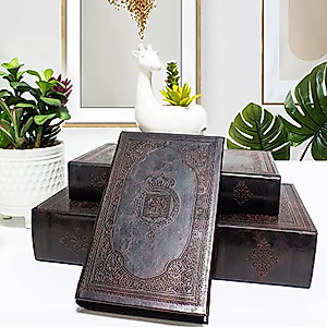 DROFELY Decorative Book Box Set of 3, Trinket Box Book Shaped Storage Box Vintage Style Imitation Leather Decorative Book Boxes Antique Books for Decoration Medal Embossed Pattern