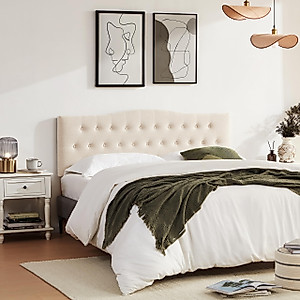 Huatean Home Tufted Upholstered Headboard Queen Size, Sturdy and Durable Solid Wood Bed headboard, Fabric Headboard Adjustable Height from 37” to 51”, Modern Button Diamond Design Head Board, Beige