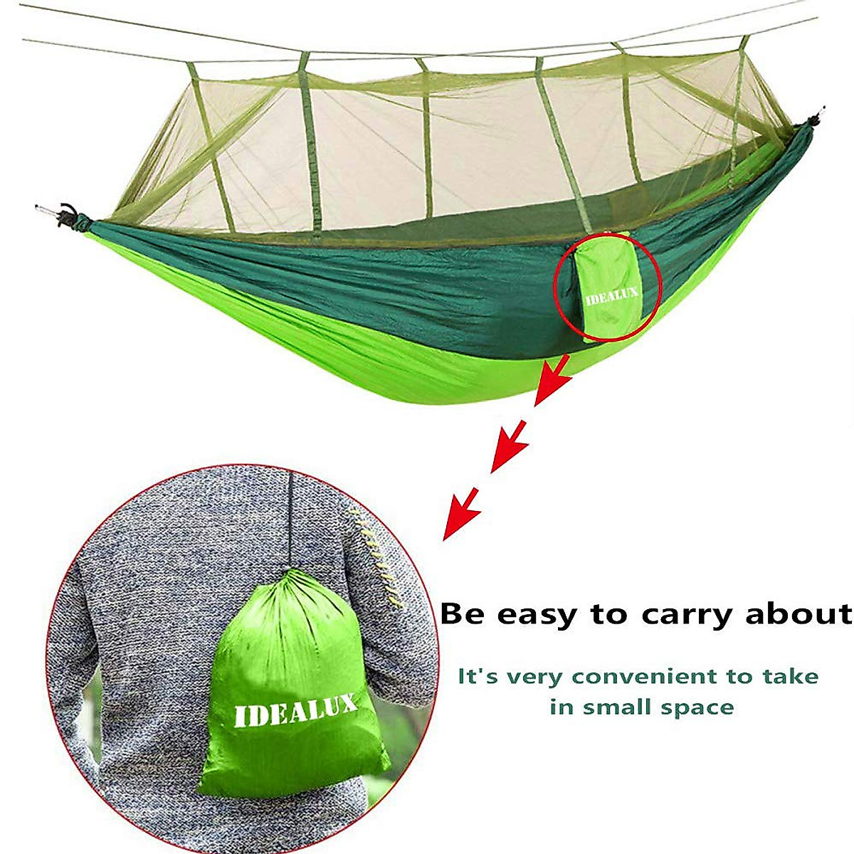 IDEALUX Camping Hammock with Net, Lightweight Portable Double Parachute Hammocks, 210T Nylon, High Capacity and Tear Resistance, Perfect for Camping, Backyard Relaxation (Green)