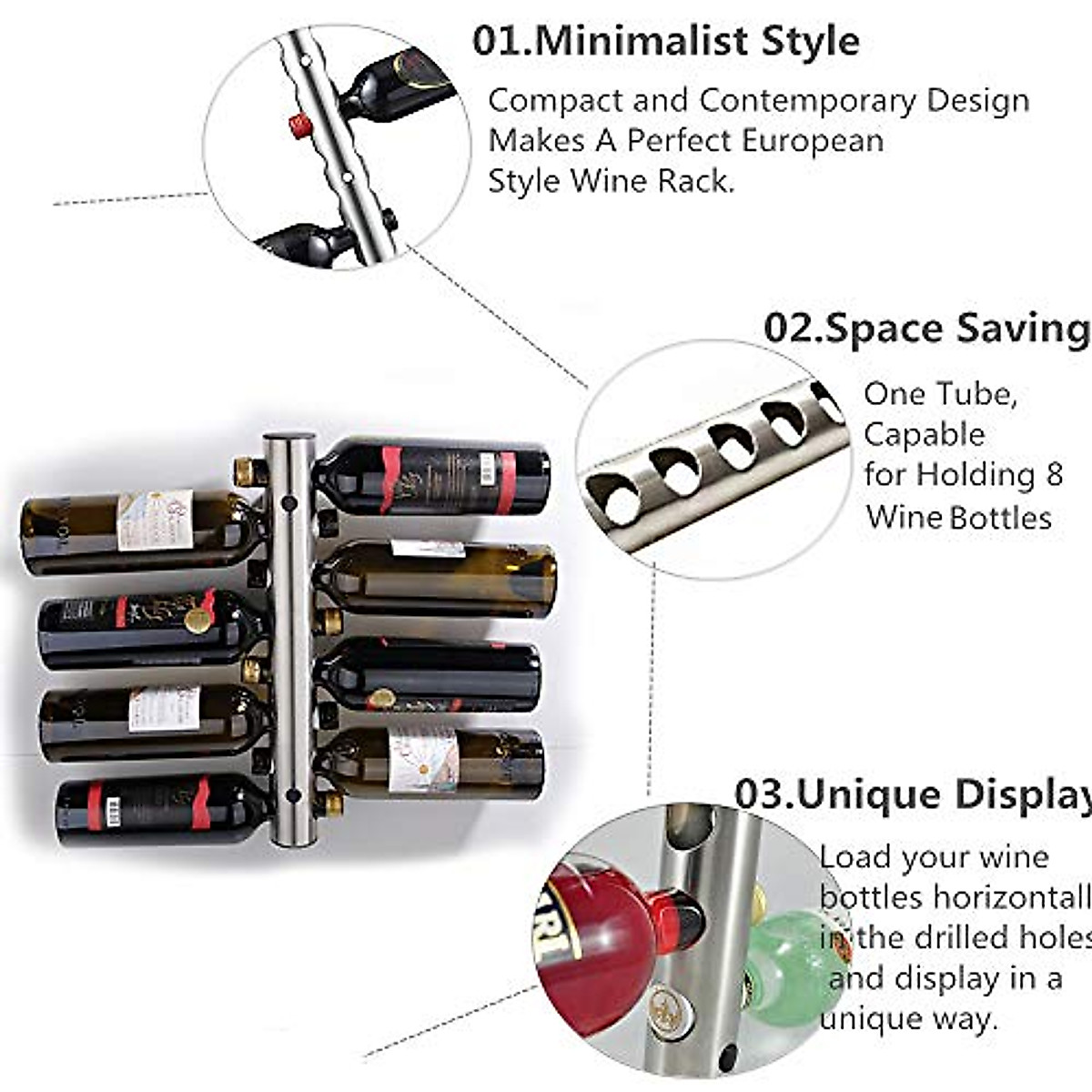 Cokritsm Wall Wine Rack, Stainless Steel Wine Rack Wall Mounted, 8 Bottles Wall-Mounted Wine Racks Wine Holder Wall Mounted, Liquor Bottle Display Shelf, Wall Wine Holder