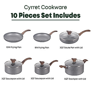 Cyrret Pots and Pans Set, Nonstick Cookware Set - 10 Pieces Granite Kitchen Cookware Sets, Induction Compatible Cooking, Dishwasher and Oven Safe, PFOA Free