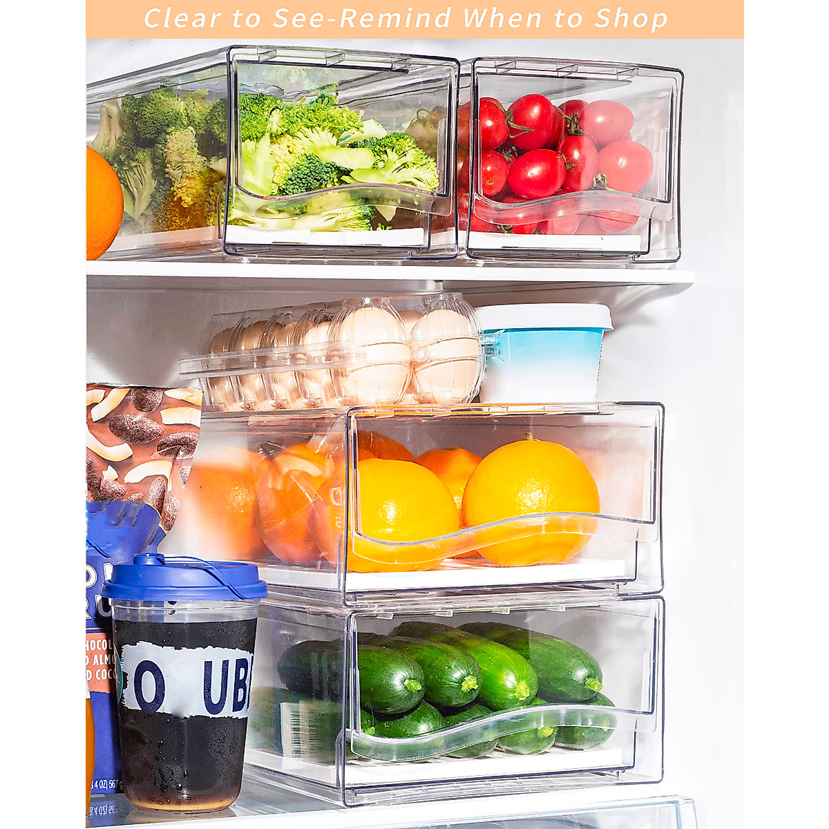 Ornafort 2Pack Clear Fridge Drawer Organizer Stackable Refrigerator Drawers Pull Out Bins Plastic Sliding Home Edit Storage Containers for Bathroom Pantry Cabinet Kitchen,as ​Gift(Not Dishwasher Safe)