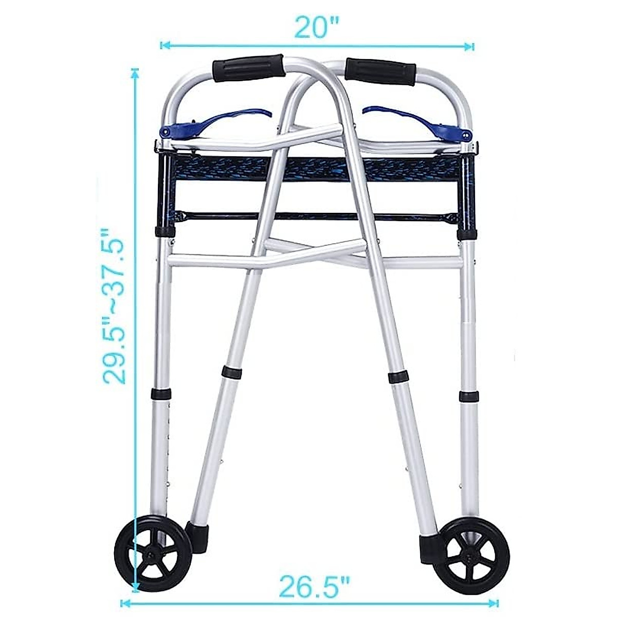 HEALTHLINE 2 Wheel Walker for Seniors & Adults - Deluxe Lightweight Foldable Walker with Wheels 5" up to 350 lbs and FREE 2 Pair of Rear Glides & Triggers (Blue)
