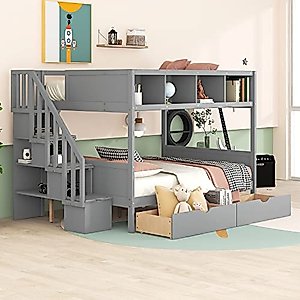 BIADNBZ Stairway Twin Over Full Bunk Bed with Stairs Storage, 2 Drawers and Shelf, Wooden Bunkbed for Kids Teens Adults Bedroom, Gray