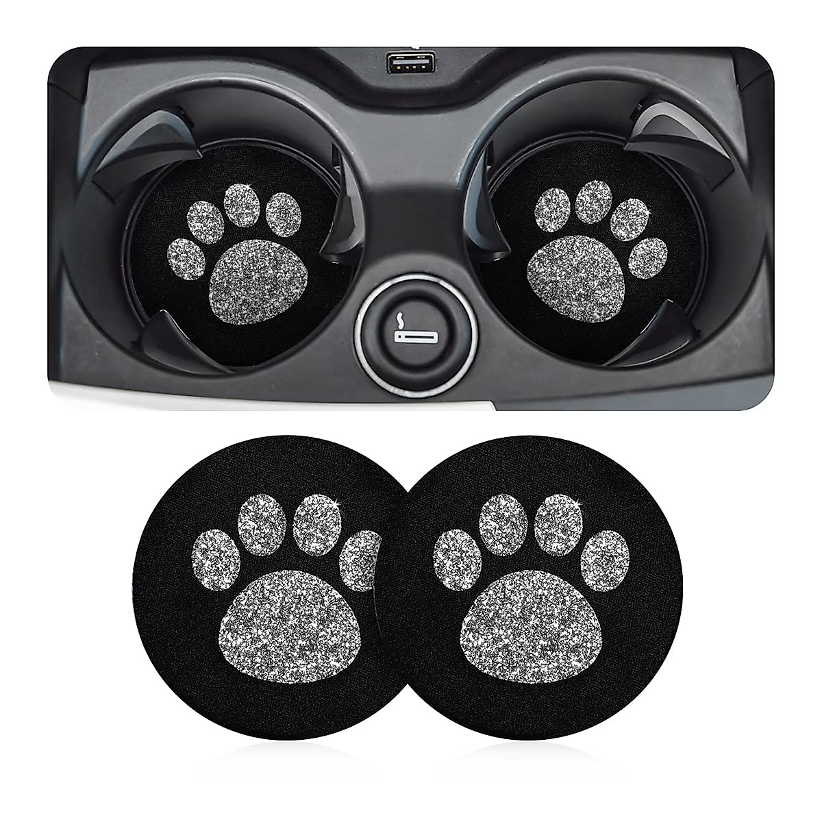 AUCELI 2 Pack Car Cup Holder Coasters, 2.75In Bling Glitter Rhinestone Paw Print Cup Coaster, Rubber Non-Slip Insert Auto Drink Mat, Universal Car Interior Accessories for SUV, Truck, RV (Silver)
