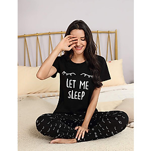 EISHOPEER Women's Pajama Set Printed Short Sleeve Top & Long Pants Sleepwear Pjs Sets Black S