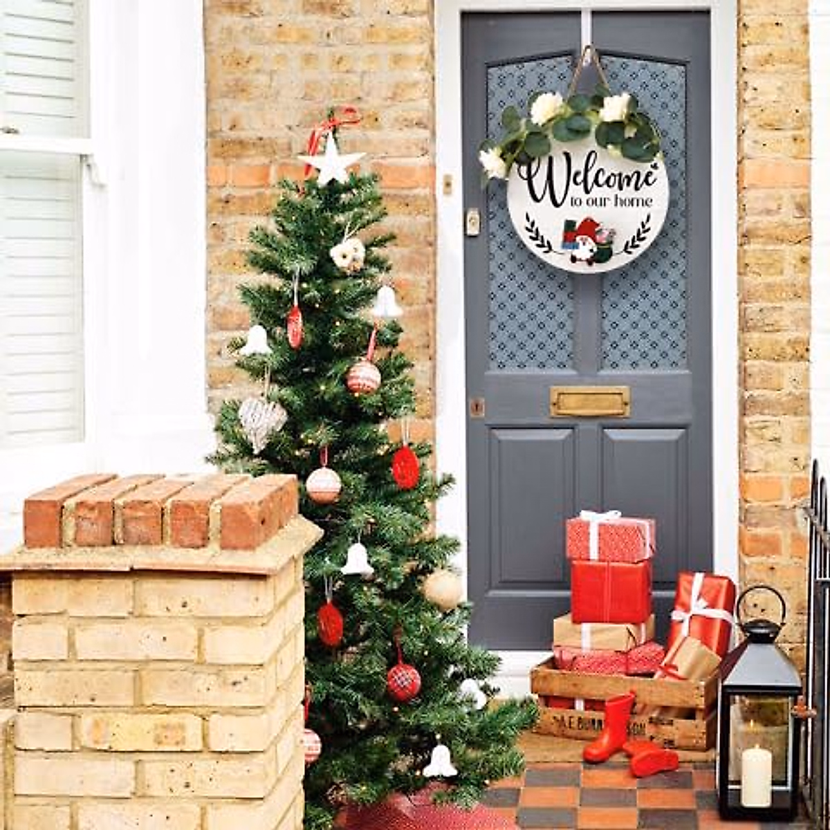 Mrocioa Welcome Sign, 14 x 14 inches, Decorative Signage with Interchangeable Gnome Icons, Seasonal Wood Wreaths Front Door Decorations, Housewarming Gift