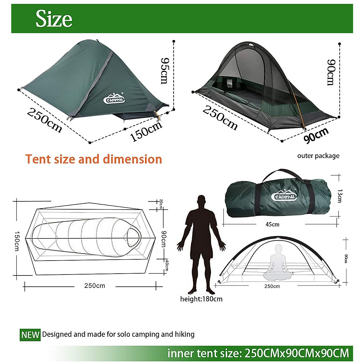 camppal 1 Person Tent Backpacking Camping Hiking Trekking Hunting Mountain Tent Super Lightweight and Waterproof & Windproof 4 Seasons Single (Green) - MT051