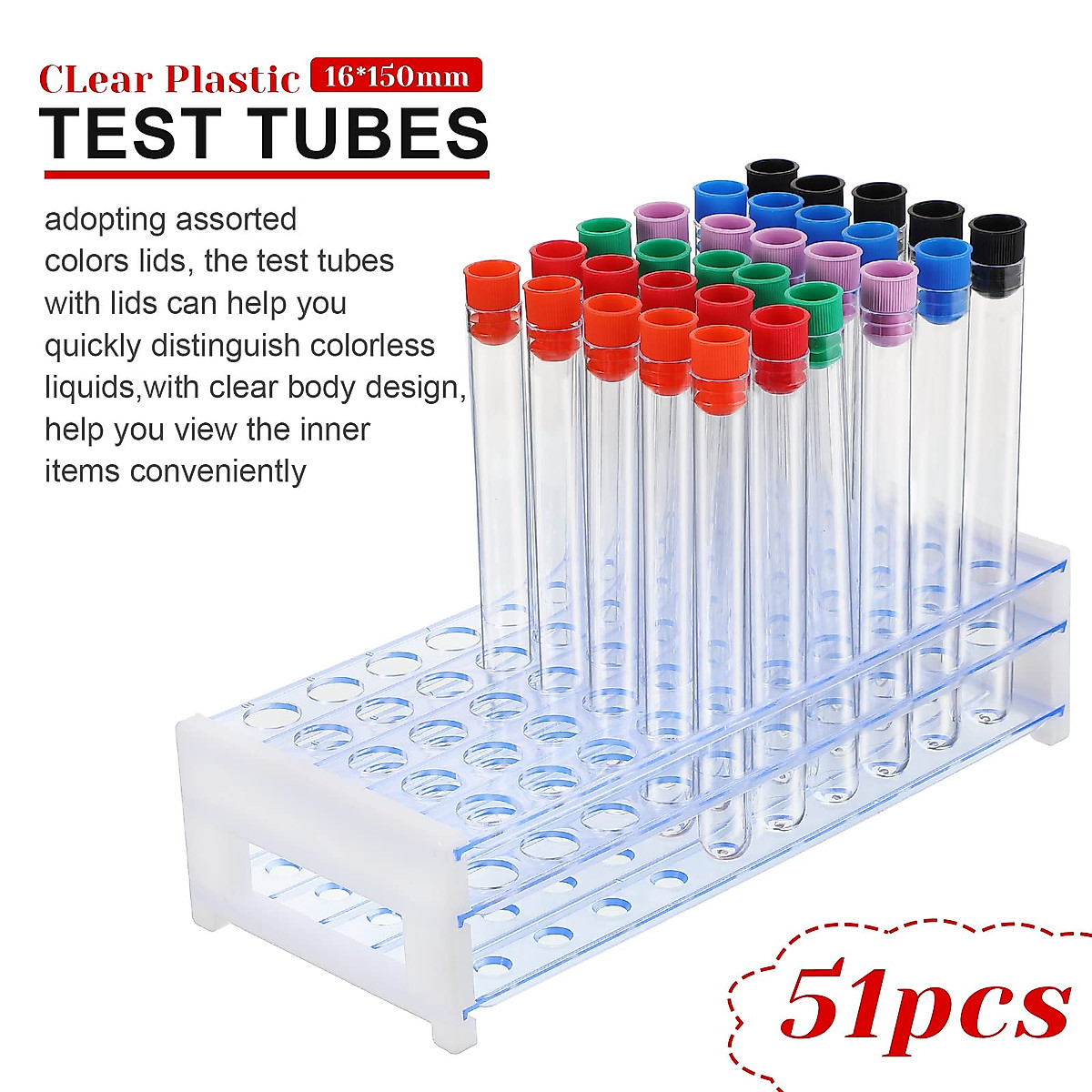 Test Tubes with Rack 50 Pcs 16 x 150 mm Clear Plastic Test Tubes with Lids Halloween Test Tube Shot Glasses for Halloween Nurse Party Decoration Birthday Christmas Party Favors