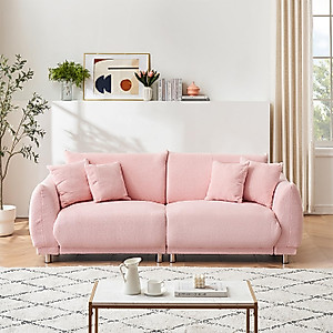 YCDIPING Comfy Teddy Wool Sofa Set with 4 Throw Pillows & Metal Legs 86.6" Apartment Size 4 Colour Choices Cozy Sitting (Pink)