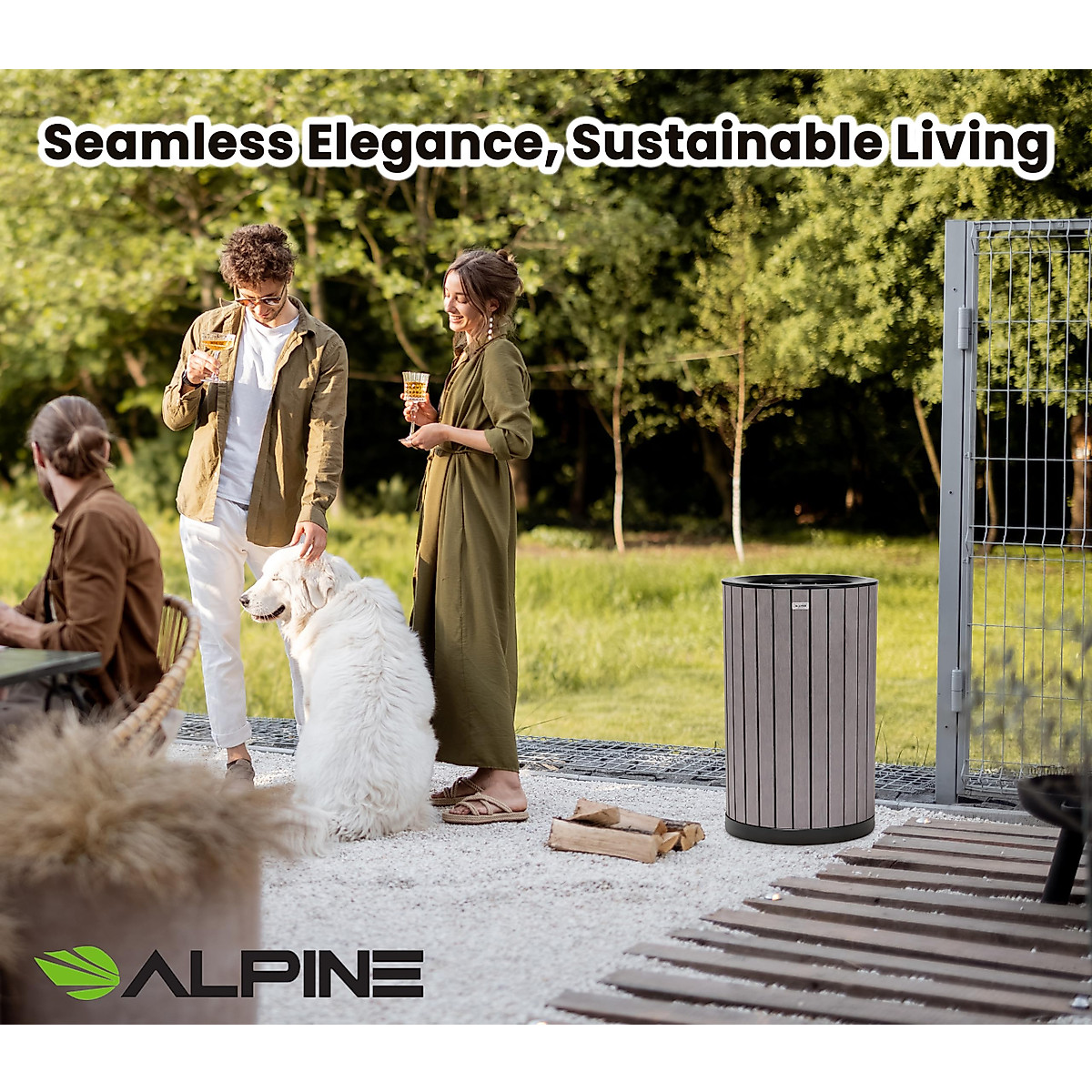 Alpine 32 Gallon Commercial Outdoor Trash Can - Heavy Duty Garbage Can Outdoor, Industrial Open Top Trash Can with Plastic Panels for Patio, Parks, Trails, Resorts (Flat Lid - Grey)