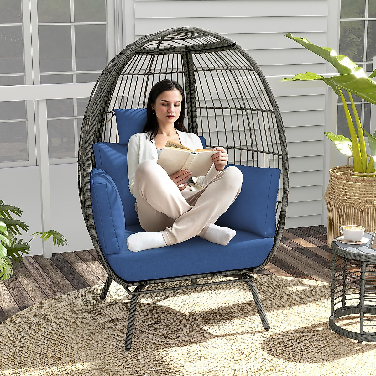 YITAHOME Egg Chair Outdoor, 370lbs Capacity Wicker Patio Basket Chair, All-Weather Oversized Stationary Egg Lounger Chair for Indoor Living Room Outside Balcony Backyard (Black)