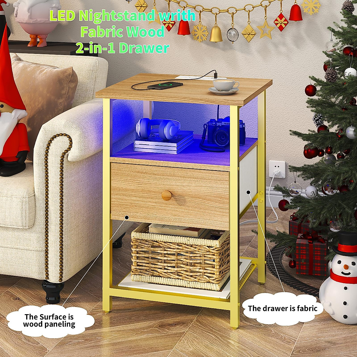 HDDDZSW LED Nightstands Set of 2 with Charging Station, Bedside Tables with USB Ports and Outlets, End Table with Fabric-Wood 2-in-1 Drawer for Small Spaces, Log-Color Side Table for Bedroom, Office