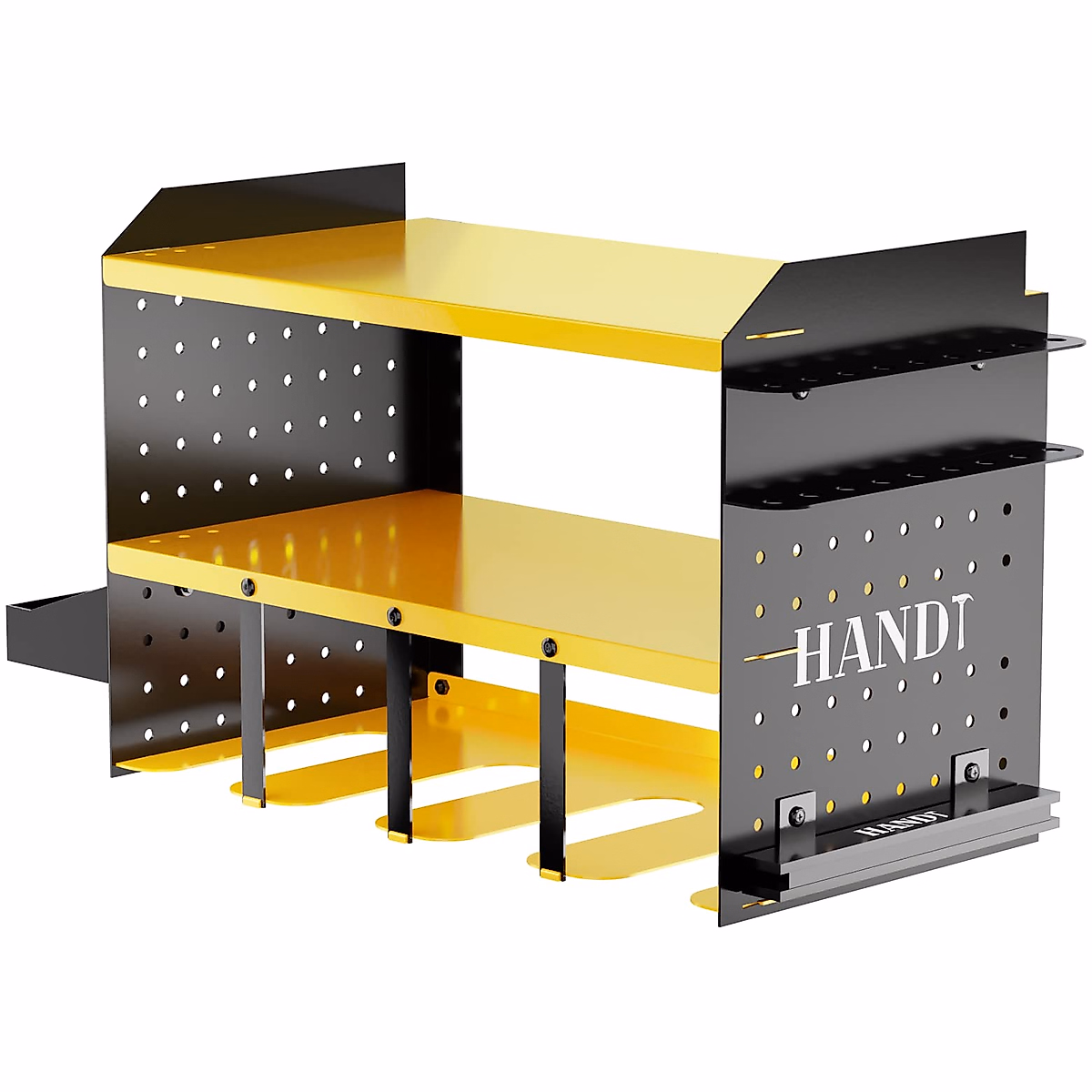 HANDT Power Tool Organizer, Wall Mount Drill Holder Garage Storage Rack, Pegboard Screwdriver Holder with Magnet Bar & Organization Bin, Cordless Drill Battery Charging Station Utility Shelf, Yellow